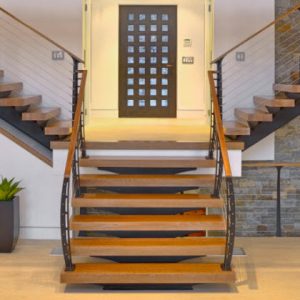 Grand Entry Mono Stringer Stair - Candlewood Lake, CT - Keuka Studios